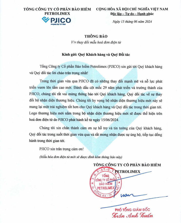 Thông báo thay đổi mẫu hóa đơn điện tử | BẢO HIỂM PJICO